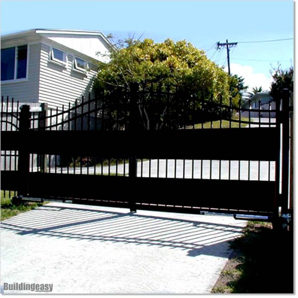 Black Arch Top Covered Double Swing Gates 4.3M Wide and 1.8M High.
