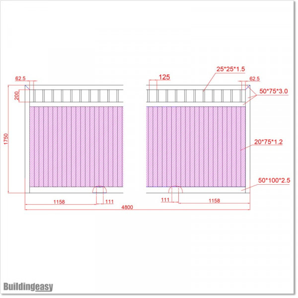 Gate is 4.8M wide and gate height is 1.75. Gate fits 4.5M post gap ...